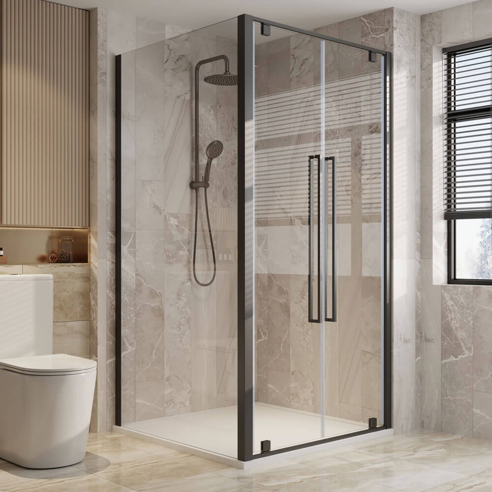 Alpine Double Pivot Door & Return Shower Matte Black- Shower Screens Perth